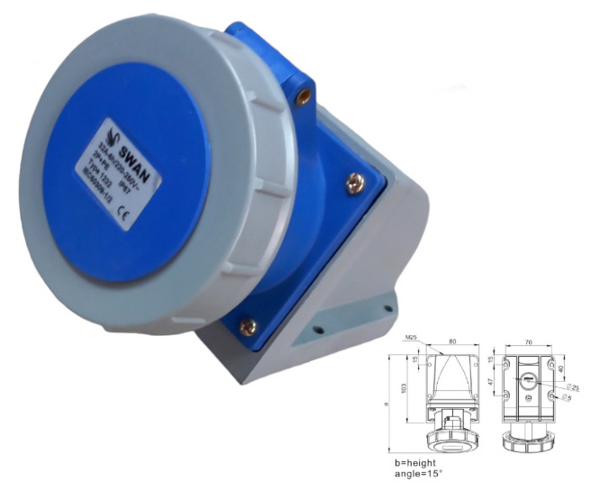 IPS-CE-1232 - 59mm INDUSTRIAL SOCKET 32A 2P+E 3P IP67 220V-250V